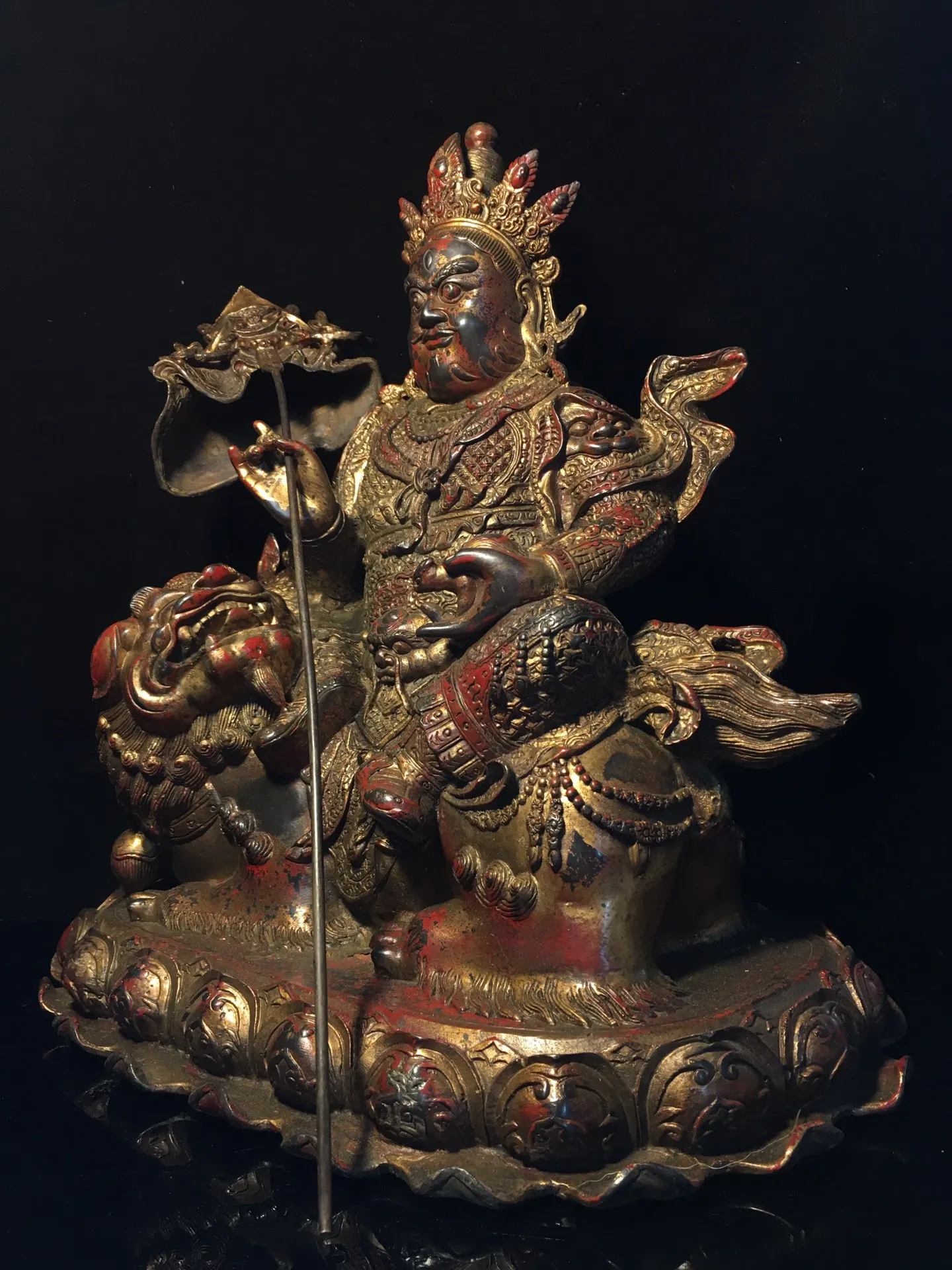 16"Tibetan Temple Collection Old Bronze Cinnabar mud gold Treasure King ...