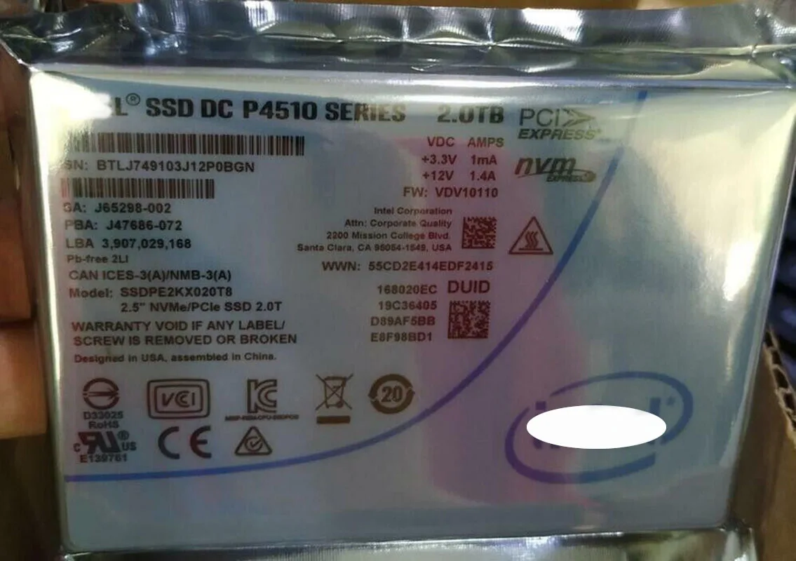 Твердотельный накопитель Intel SSD серии P4510 емкостью 2 ТБ постоянного тока NVME U.2 2,5 дюйма ...