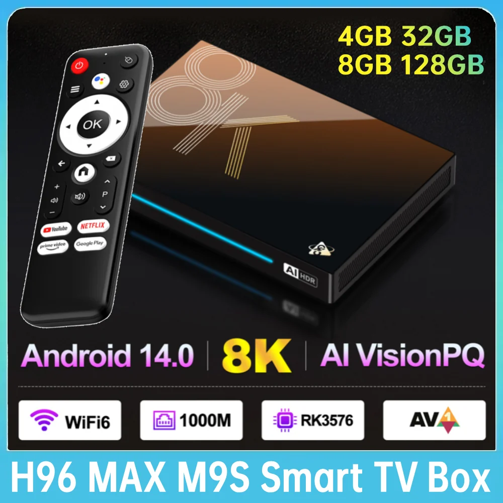 H96 Max M9S Smart TV Box Android 14.0 WiFi 6 BT 5.4 Восьмиядерный процессор 8 ГБ 128 ГБ ПЗУ ...