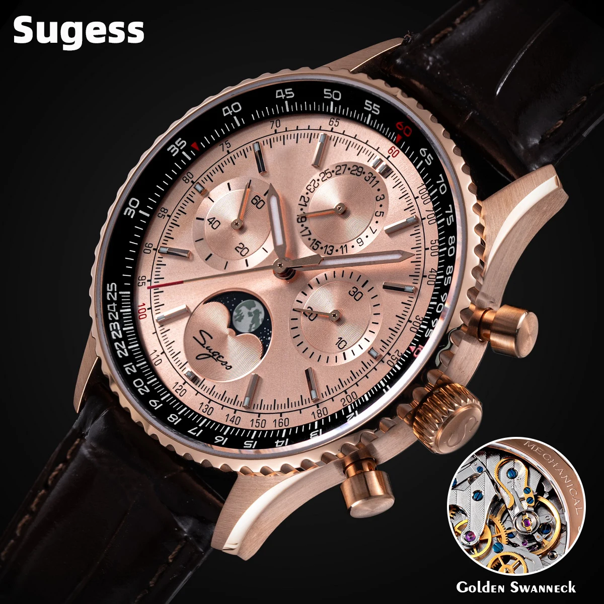 Sugess S468 Механические наручные часы из нержавеющей стали Розовое ...