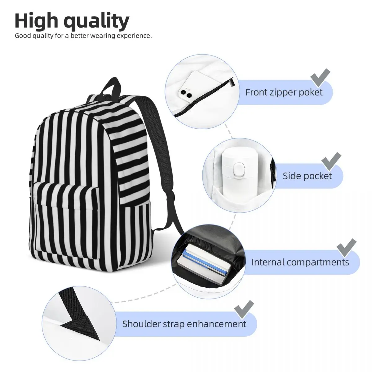 Black White Striped Canvas Backpacks Vertical Stripes Bag Summer ...