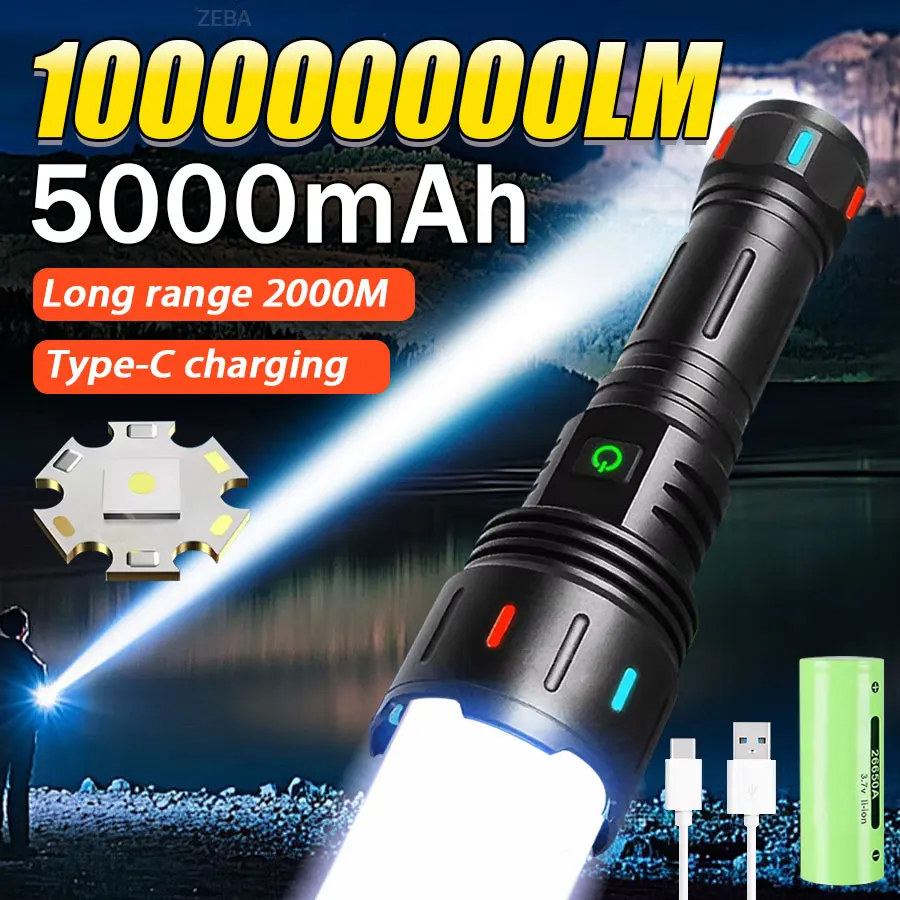 10000000LM Most Powerful Flashlight Zoom 2000M Long Range Torch High ...