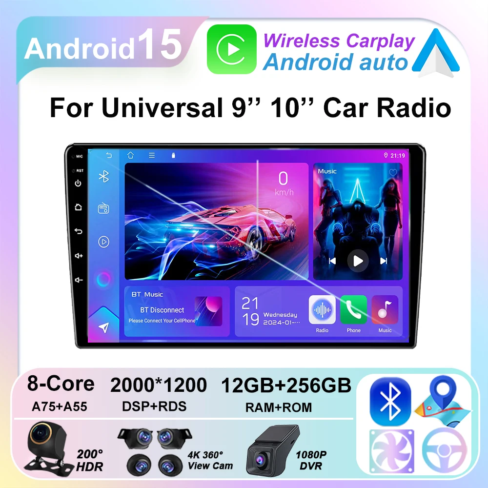 Android 15 9/10-дюймовый автомобильный мультимедийный видеоплеер 2DIN стерео радио Carplay ...