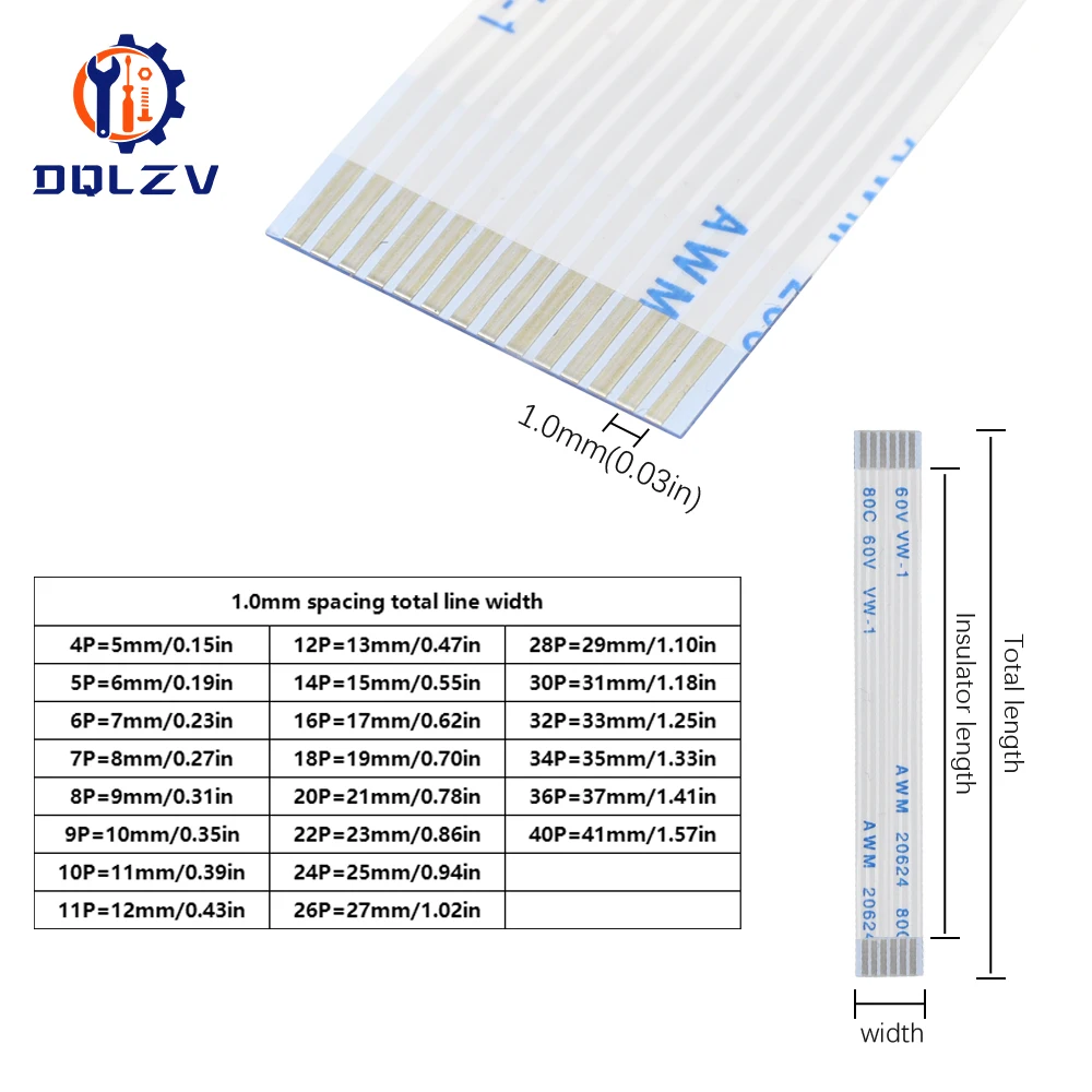 10PCS Flat Flexible Cable FFC FPC AWM 20624 80C 60V VW-1 FFC-0.5MM 1 ...
