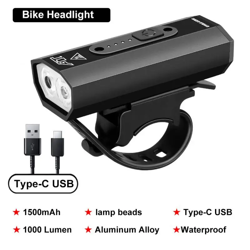 LED Bicycle Light Front 1000 Lumen Type-C USB Rechargeable Lamp Cycling ...