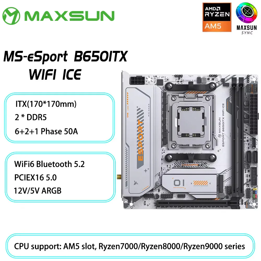 MAXSUN eSport B650M ITX AMD Ryzen AM5 DDR5 поддерживает с AMD Ryzen 5 9600X 5,4 ГГц Pcie5.0x16 2 ...