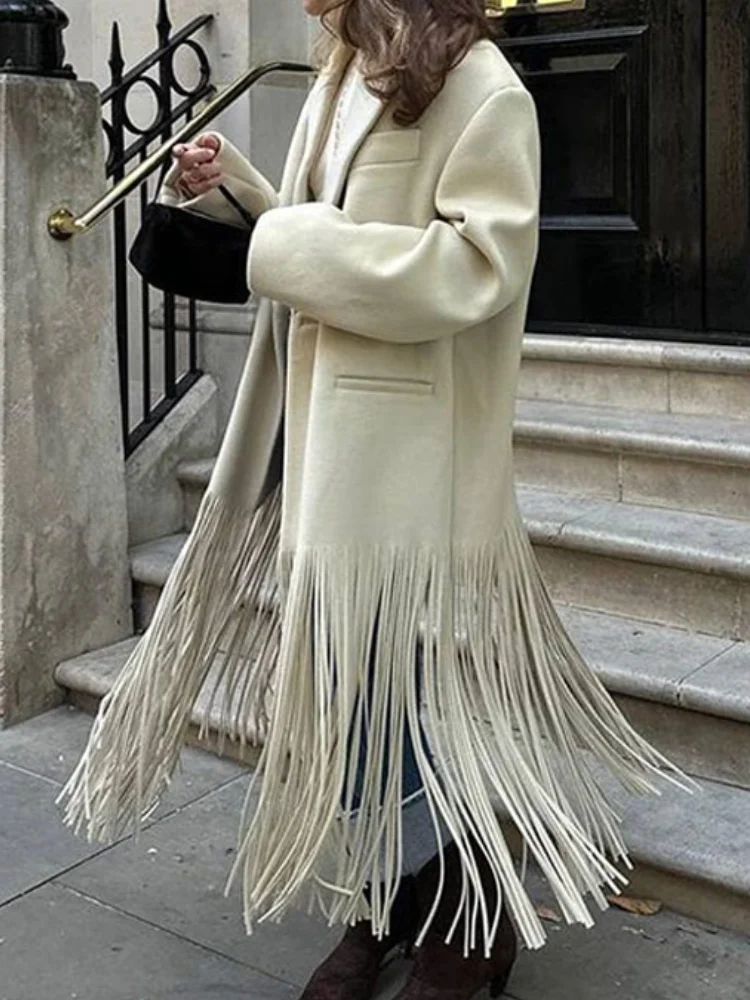 Длинная женская куртка с бахромой, осенне-зимний винтажный Тренч ...