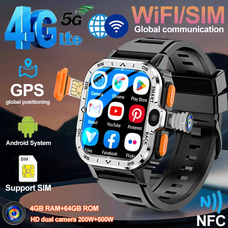 Смарт-часы SIM, 4G, GPS-навигация, Wi-Fi, NFC, двойная камера, 64 ГБ ...