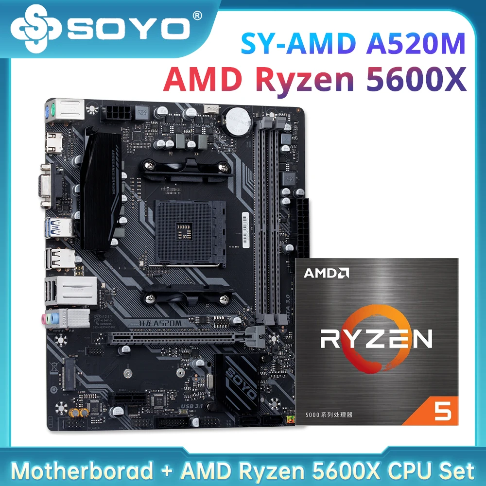 Материнская плата SOYO Dragon A520 с AMD Ryzen 5 5600X CPU Set NVME ...