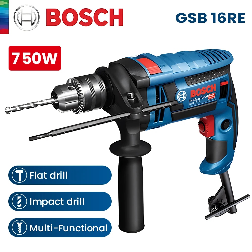 Электродрель Bosch GSB 16RE, 750 Вт, 110-220 В, высокомощный бурильный инструмент 48500 Bpm ...