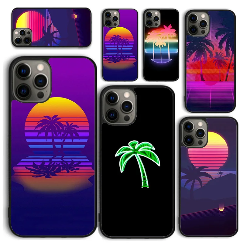 80s Retrowave Neon Palms Tree Phone Case for iPhone 16 15 14 12 13 mini ...