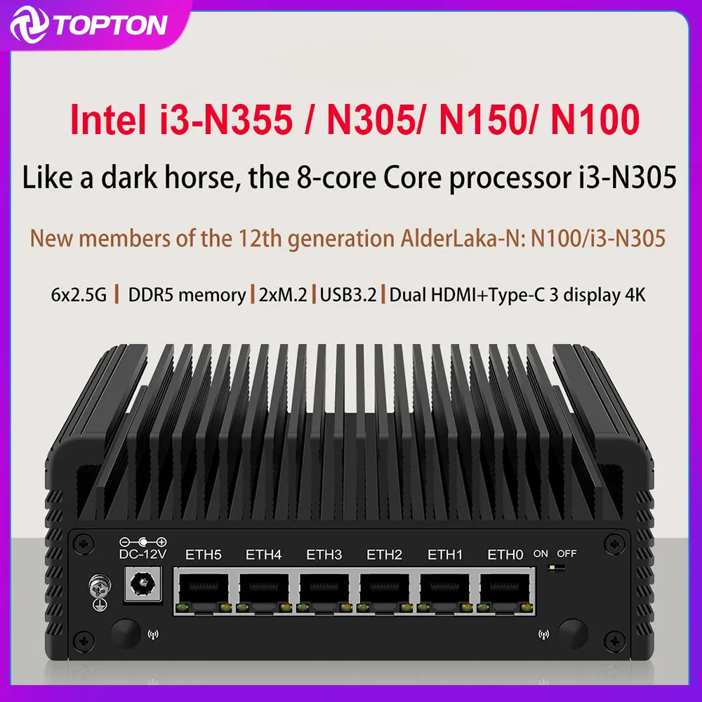 Безвентиляторный 6-LAN 2,5G Intel Core 3 N355 N305 Мини-ПК N150 N100 ...