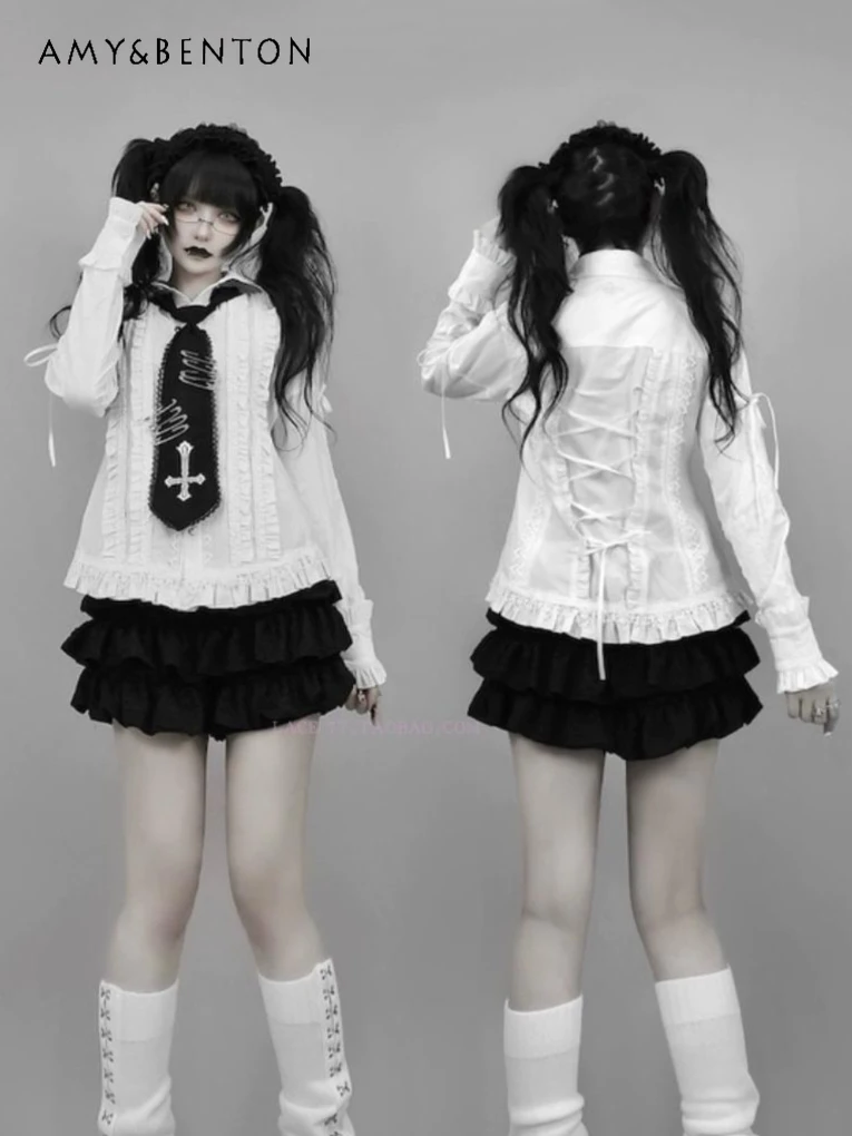 Japanese Sweet Y2K Ruffle Edge Cross Strap Long Sleeve Shirt Subculture ...