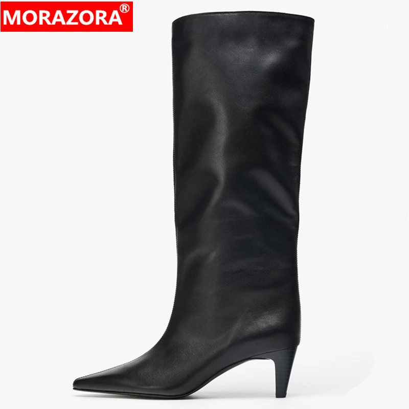 MORAZORA, большие размеры 34–43, сапоги до колена из натуральной кожи из коровьей замши, женские ...