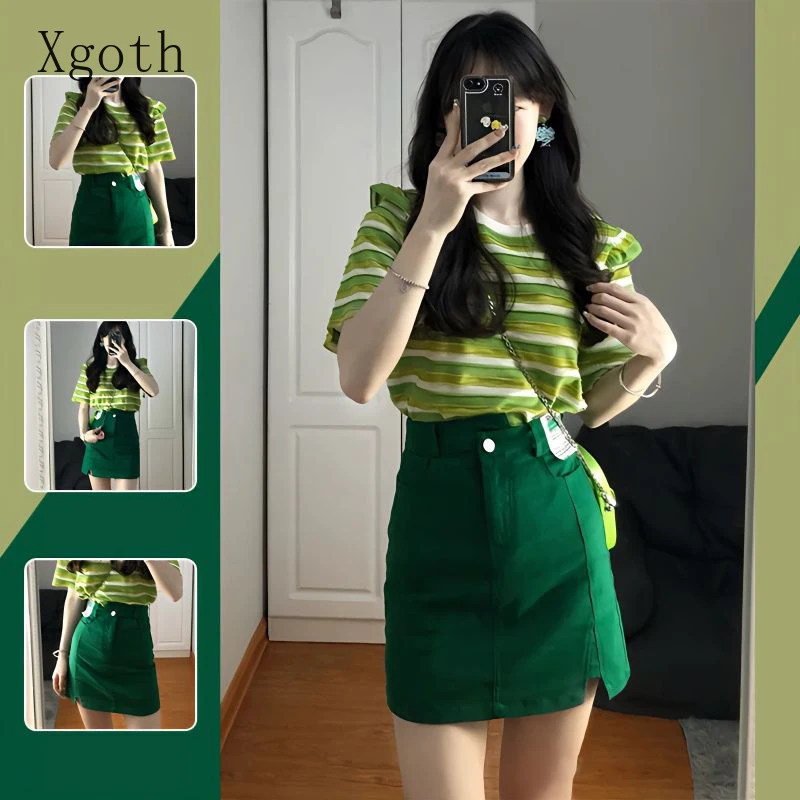 Женский костюм-двойка в полоску Xgoth, нежная приталенная юбка с коротким рукавом и высокой ...