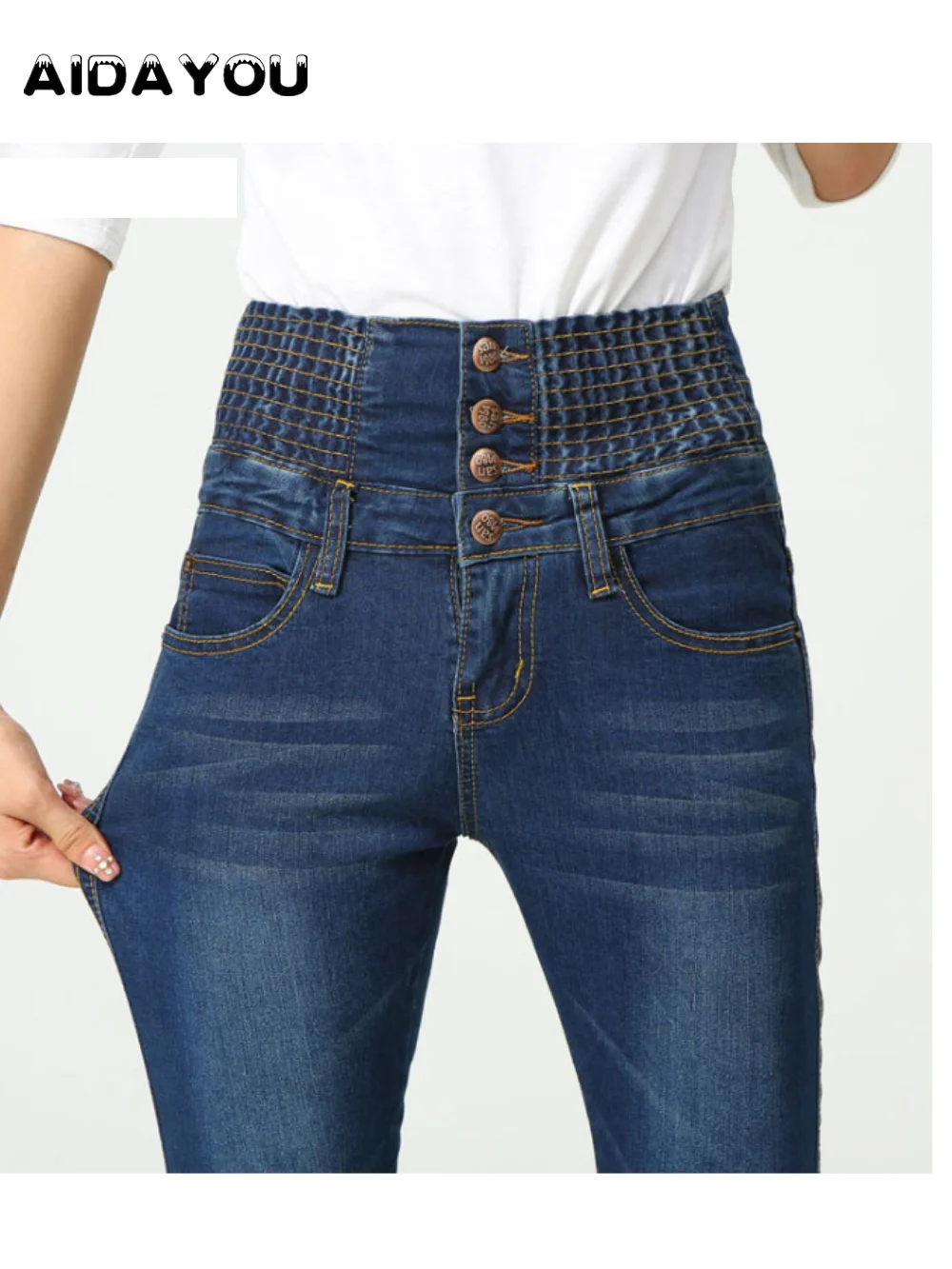 Джинсы с высокой талией на пуговицах для женщин, осенне-зимние ...