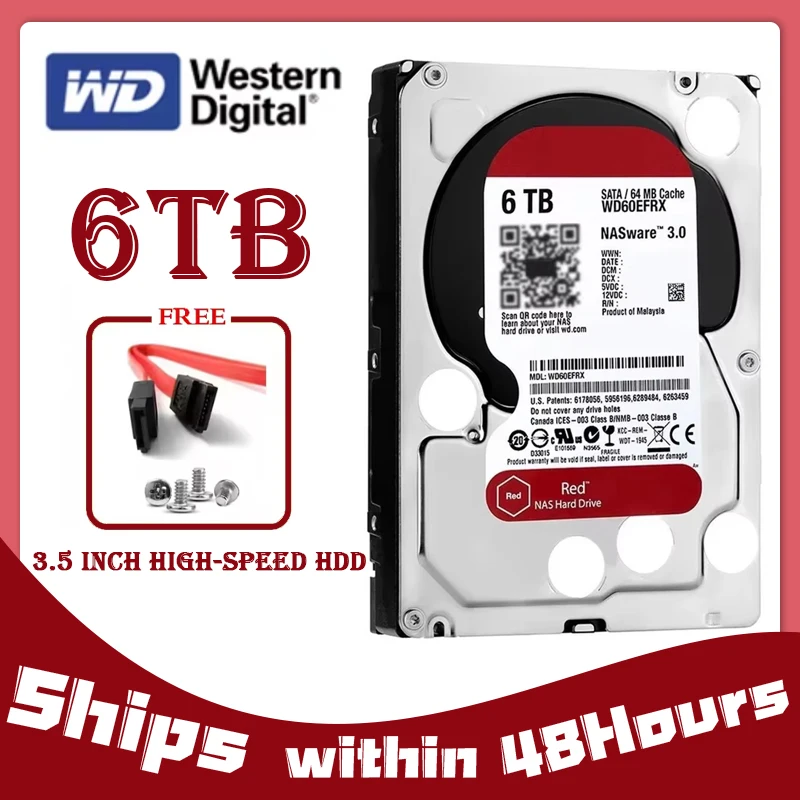 WD Red 6 ТБ (WD60EFRX) 3,5 "SATA 6 Гбит/с 64 МБ 5400 об/мин для ...
