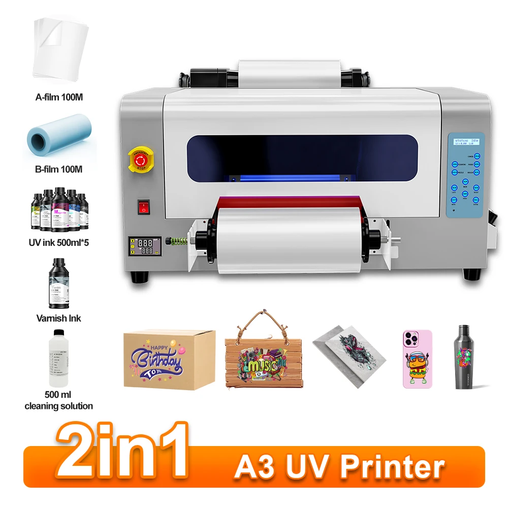 УФ-принтер A3 2 в 1, УФ-принтер для наклеек DTF с ламинатором, водонепроницаемый тисненый эффект ...