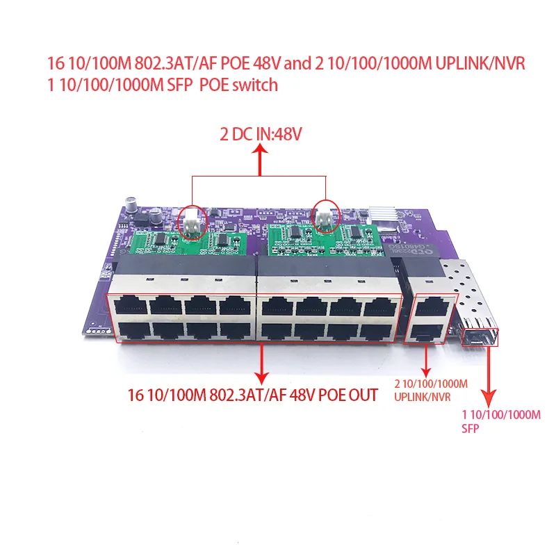 Сетевой коммутатор, 16 портов 100M 802.3AT/AF POE 48V с 2 портами 1000M ...