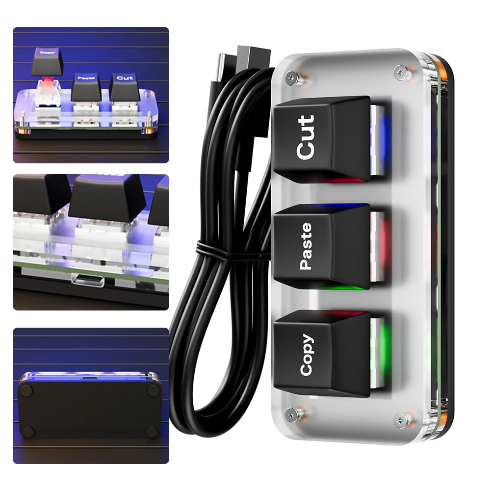 RGB Ctrl X C V Короткая клавиатура для одной руки 3-клавишная макро ...