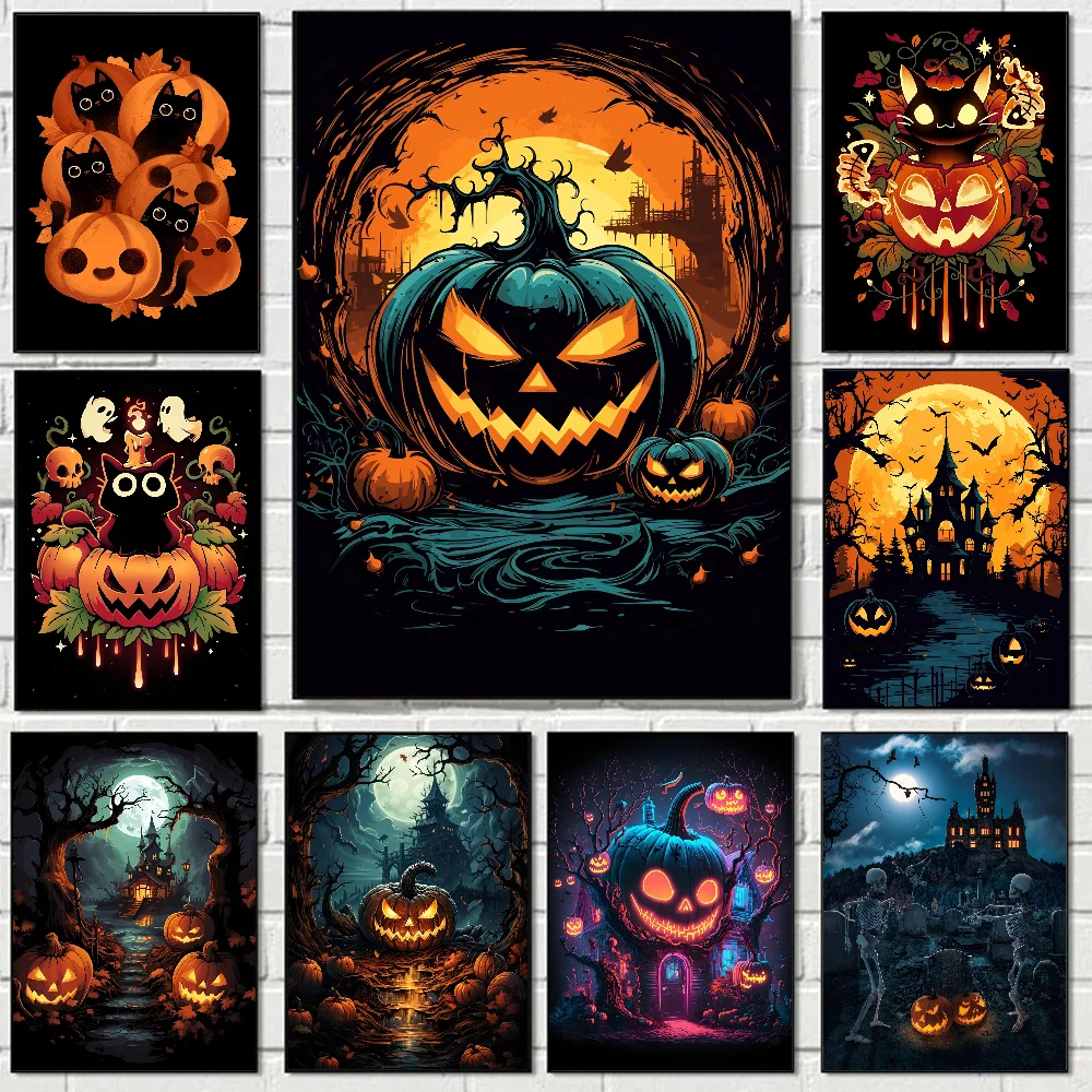 Pumpkin Black Cat Ghost Poster Stickers Art Wall Murals Decor Game Room ...