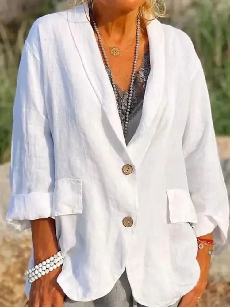 Осенний повседневный пиджак из хлопка и льна с длинными рукавами и карманами Aliexpress