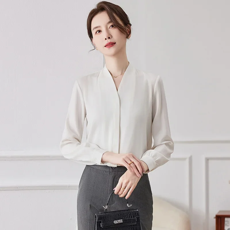 Women's High-End Chiffon Innerwear V-Neck Long Sleeve White Shirt ...