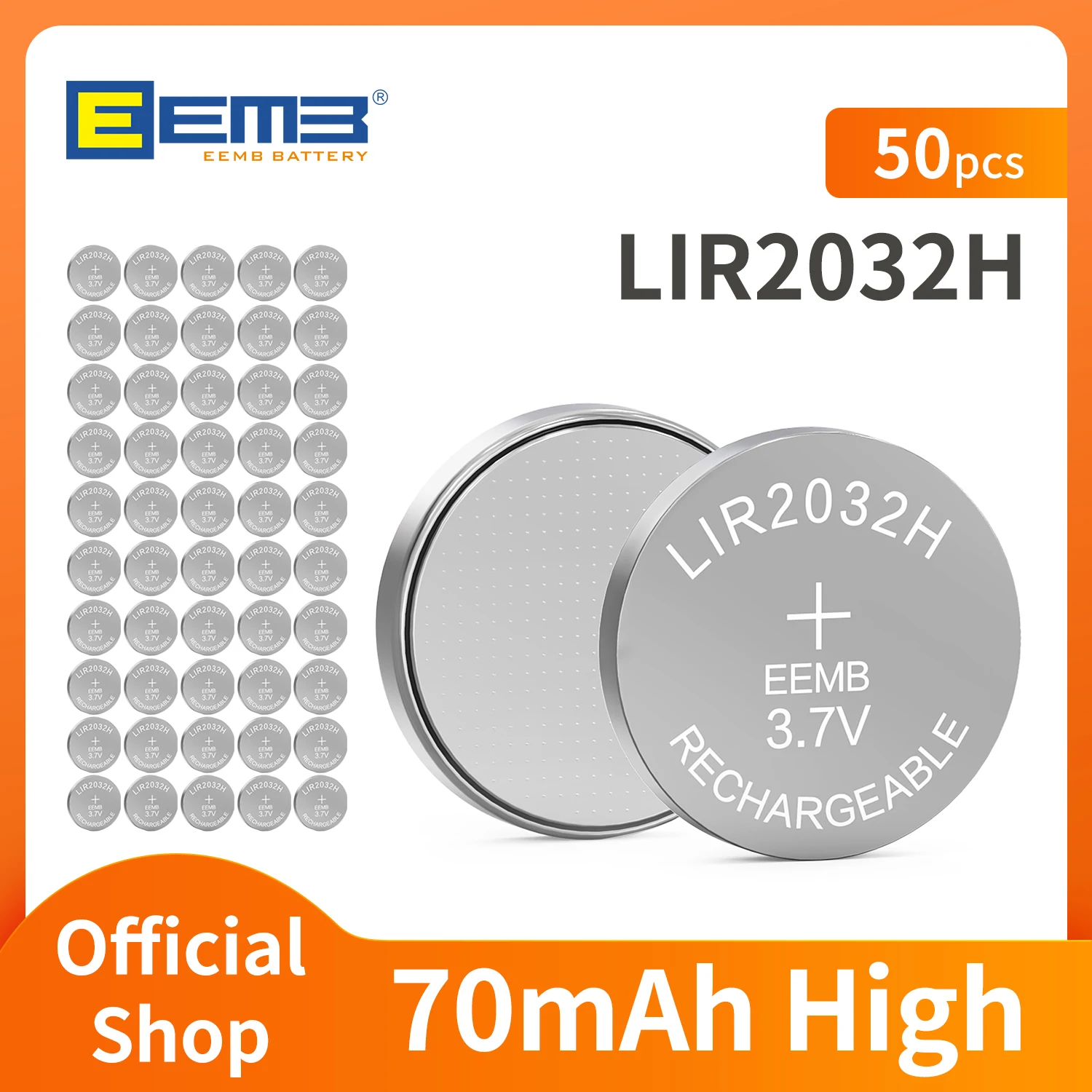 EEMB 50PCS LIR2032 High capacity 70mAh Rechargeable Button Batteries 3 ...