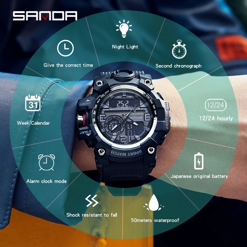 SANDA Mens Watches Military 50m Waterproof Sport Stopwatch Alarm LED ...