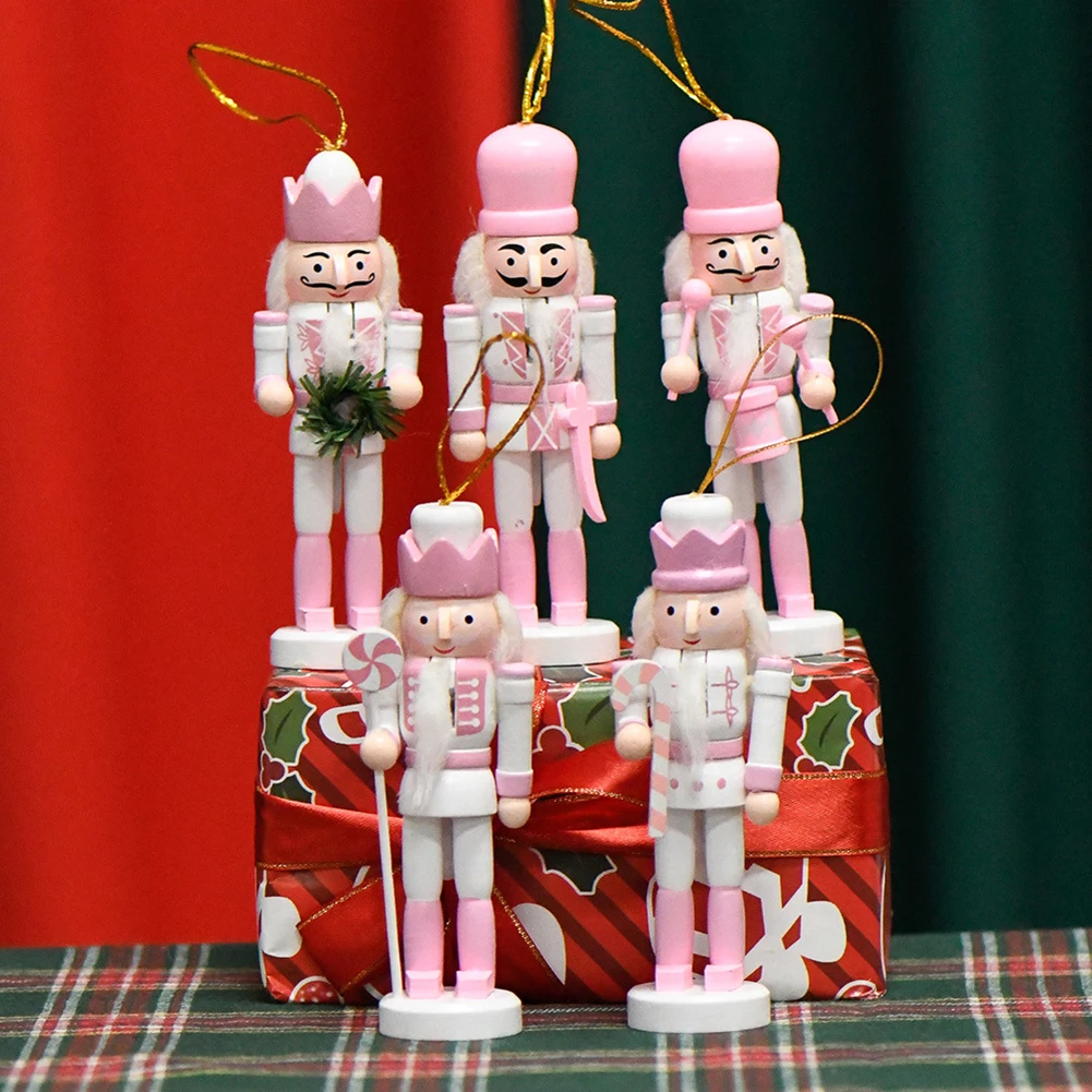 5Pcs 13cm Christmas Wooden Pink Nutcrackers Soldier Ornament Hanging ...