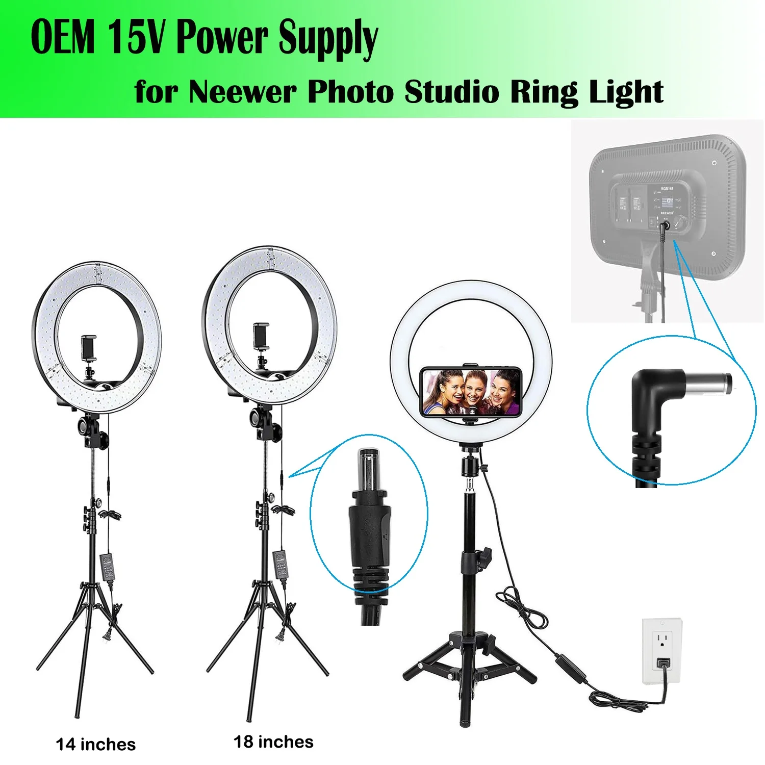 Адаптер переменного/постоянного тока 15 В, 4,8 А для фотосъемки Neewer 14 дюймов, 18 дюймов ...