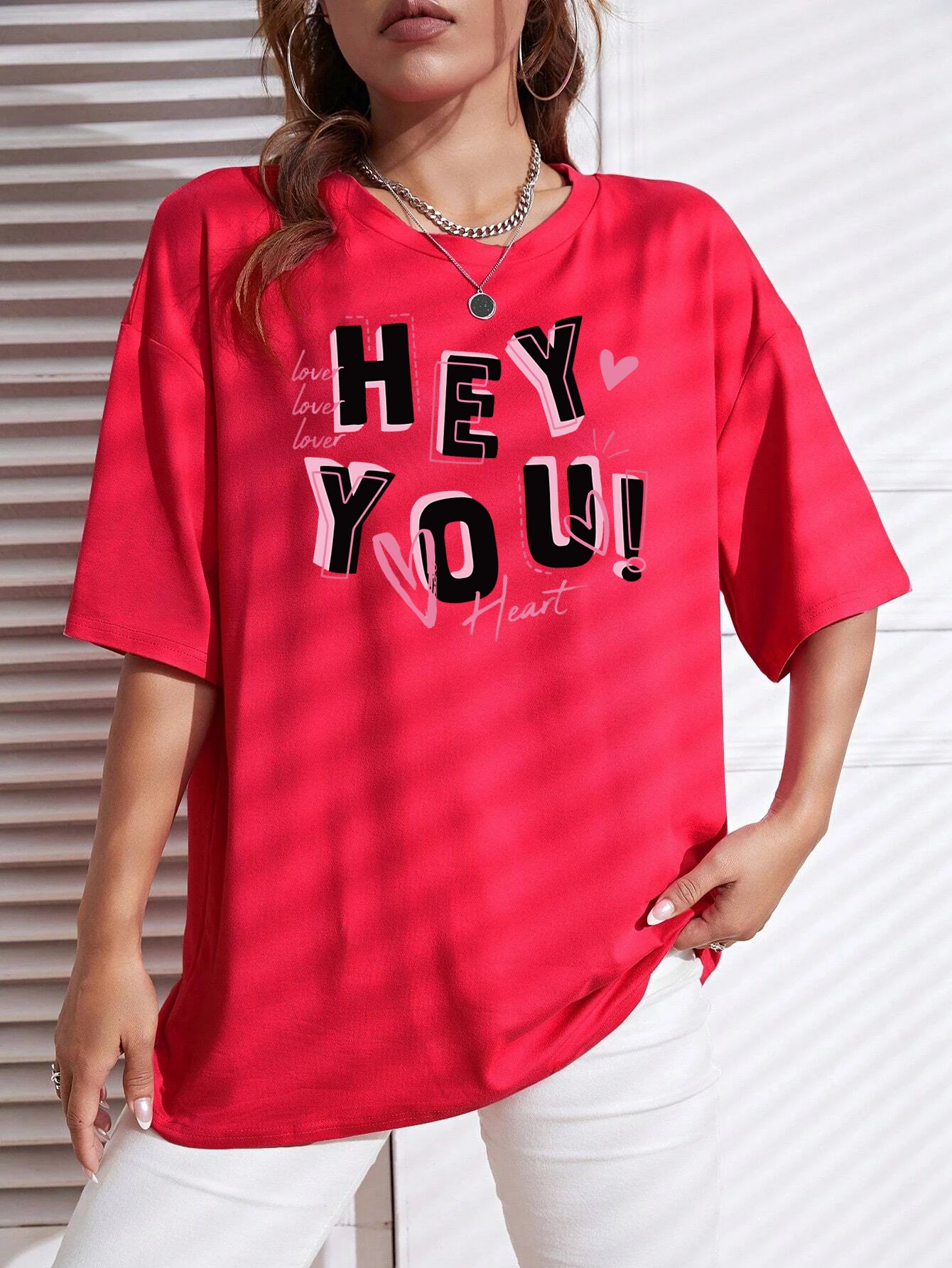 Розовая женская футболка с принтом «Hey You Heart Love», свободные ...