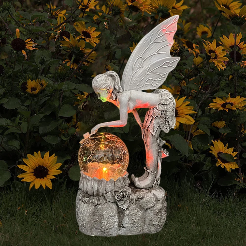 LED Resin Angel Figure Outdoor Sculpture Flower Fairy Statue Solar ...