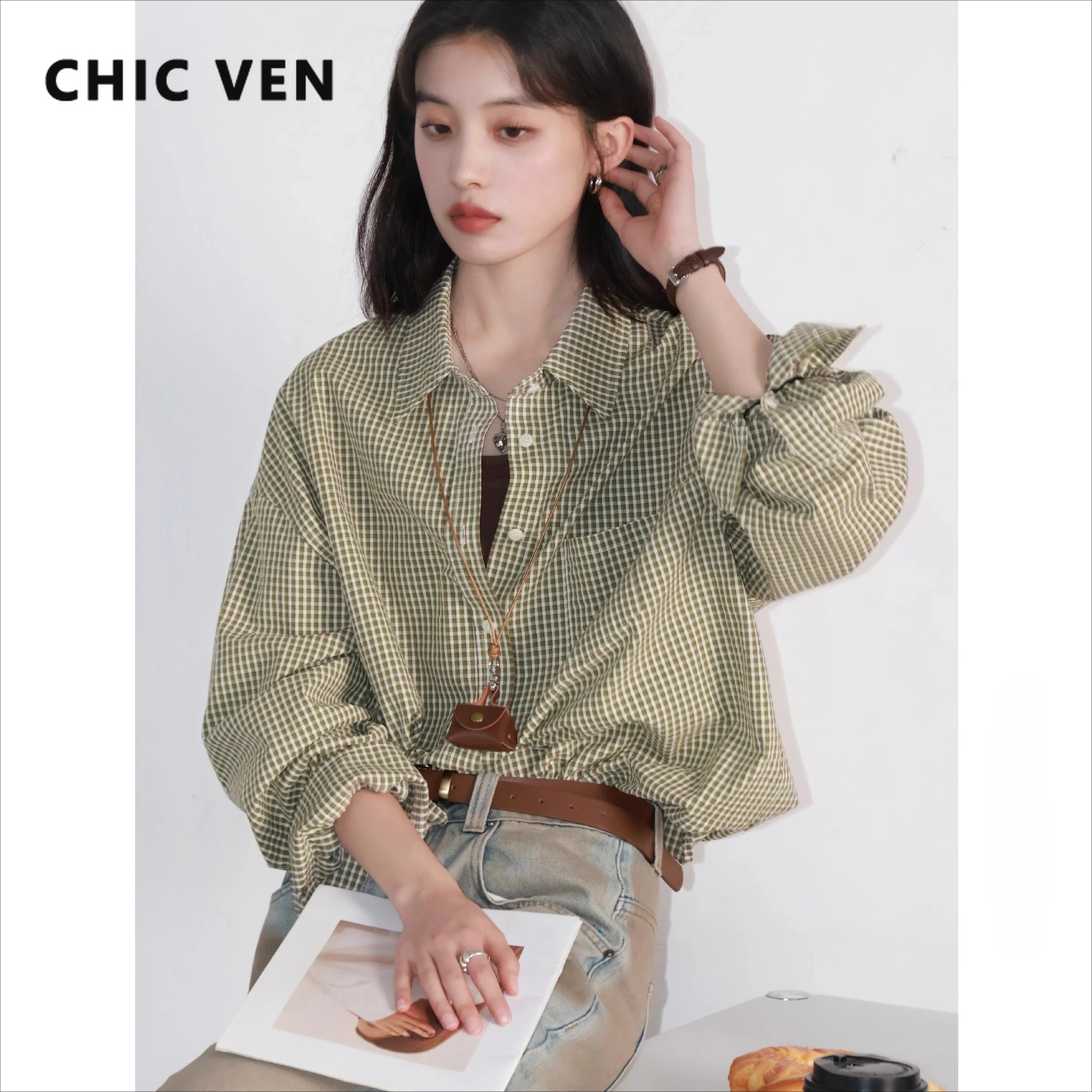 Женская рубашка CHIC VEN зеленая синяя хлопковая | AliExpress