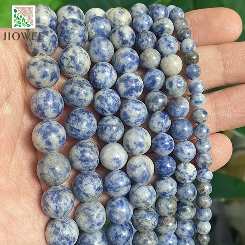 Натуральные круглые бусины в горошек, белые и синие нитки ...