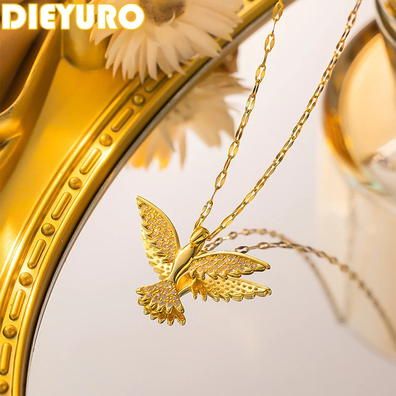 DIEYURO Нержавеющая сталь 316L Золотая инкрустация горным хрусталем Орел Подвеска в виде ...