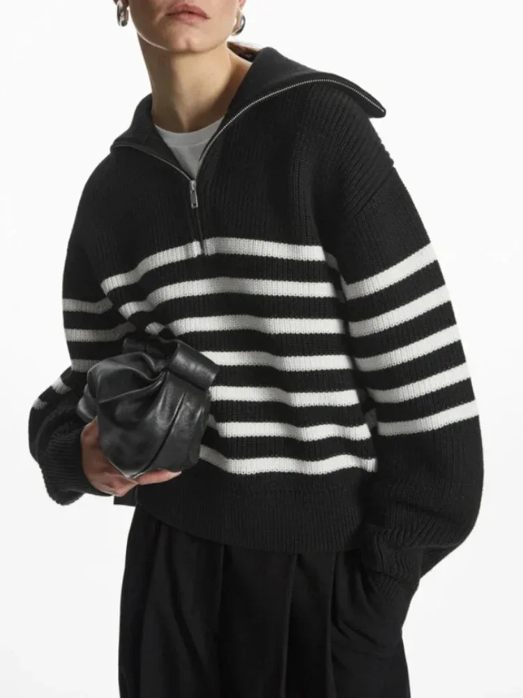 Женский трикотажный пуловер на молнии, с отложным воротником | AliExpress