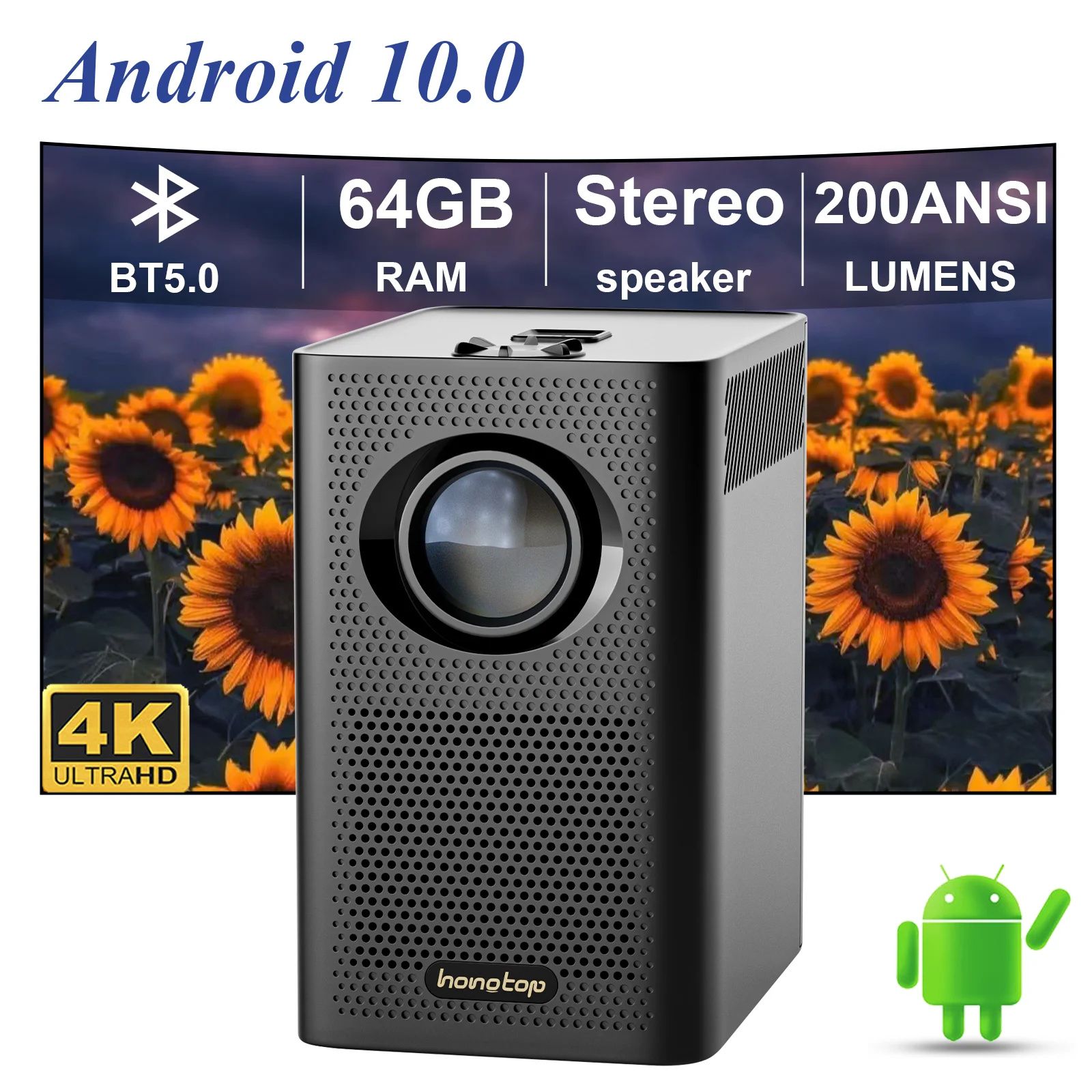 Мини проектор Android 10 1280*720P 4K Wifi 200ANSI Allwinner H700 4 Гб ...