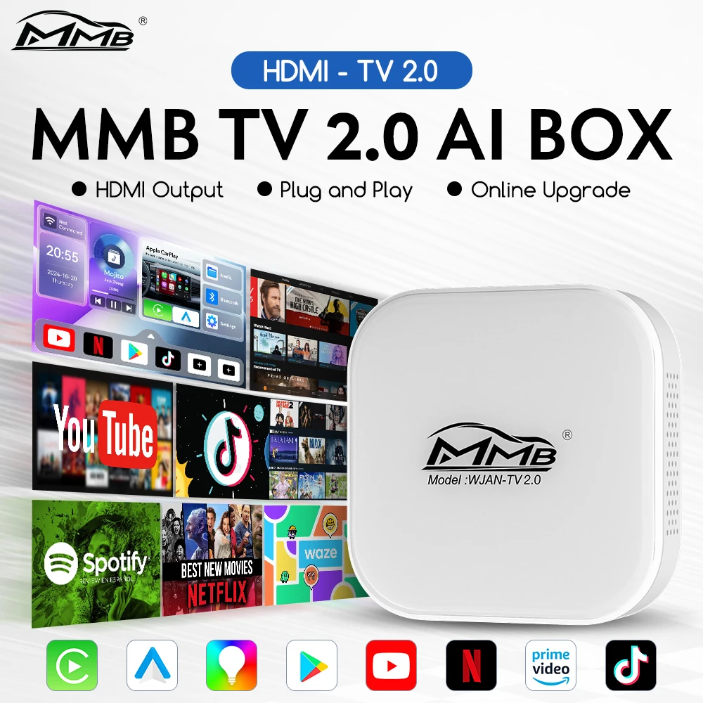 MMB AI Box Проводной к беспроводному Android Auto CarPlay TV 2.0 Plug and Play 4G+32G Mirror ...
