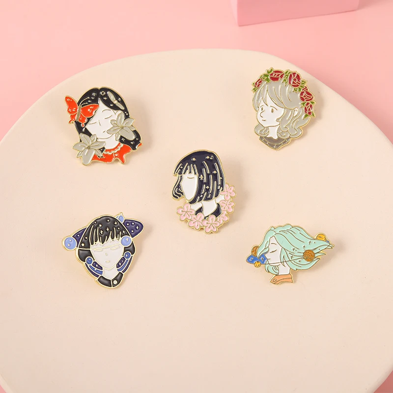 Cute Girls Enamel Pins Brooches Planets Flower Around Short Black ...