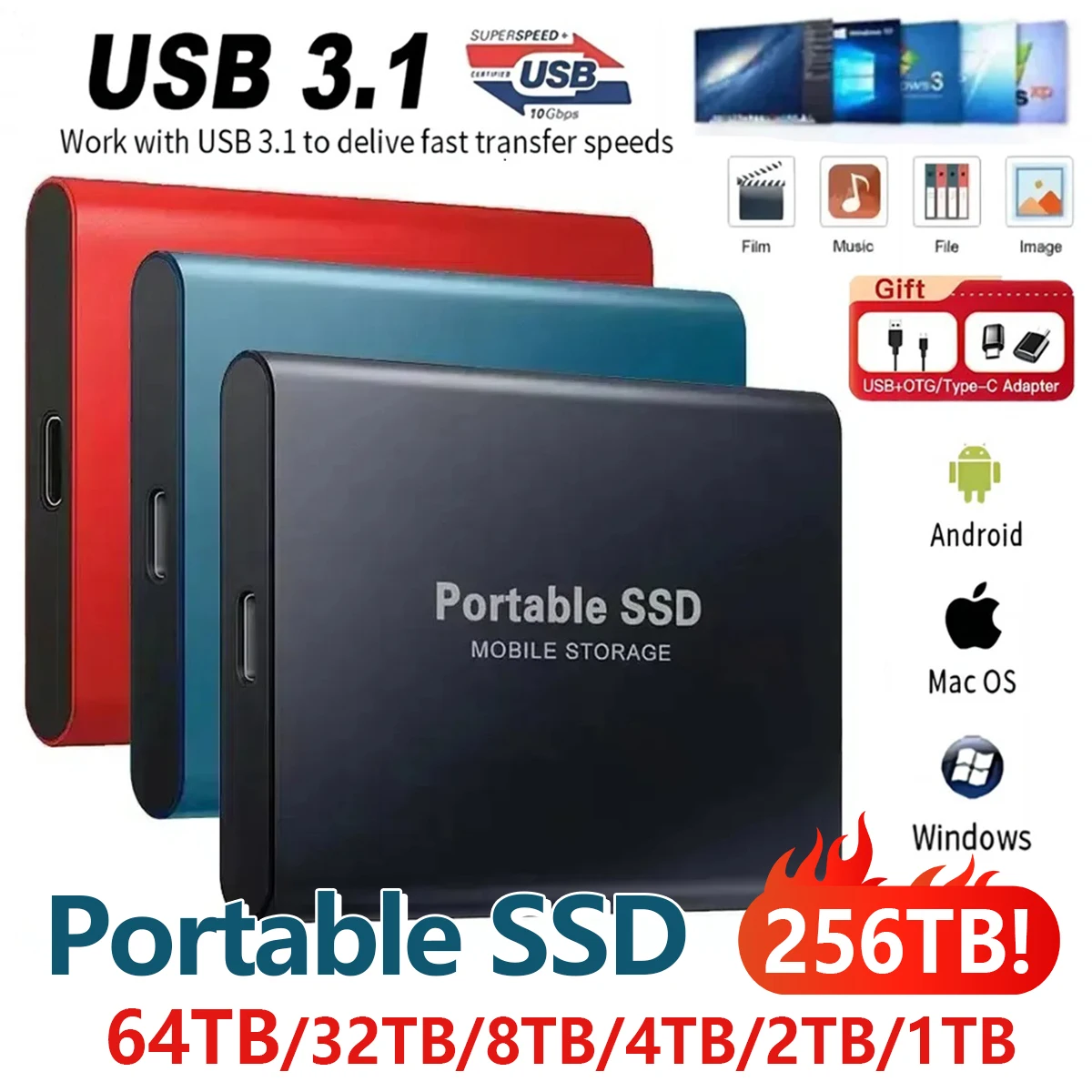 Portable SSD 256TB High Speed External Hard Drive USB3.1 Type-C Hard ...