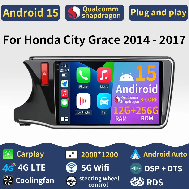 Android 15 Carplay для Honda City Grace 2014-2017 (LHD) 2din BT Стерео ...