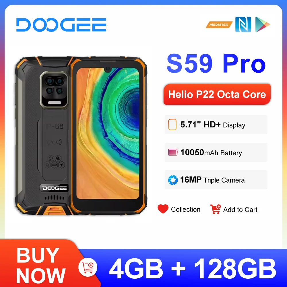 DOOGEE S59 Pro, 4 ГБ, 128 ГБ, 10050 мАч, 24 Вт, зарядка Helio P22, восьмиядерный дисплей 5,71 ...