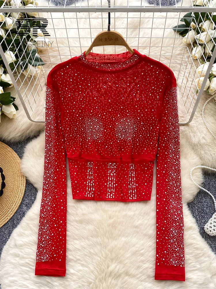 SINGREINY 2025, сетчатая блузка с блестками, женская блузка с круглым ...