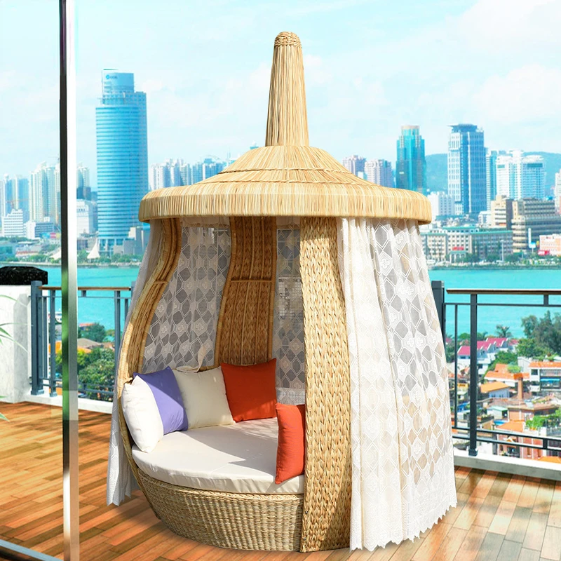 Outdoor Lounge Rattan Chair Balcony round Bed Courtyard Leisure Rattan ...