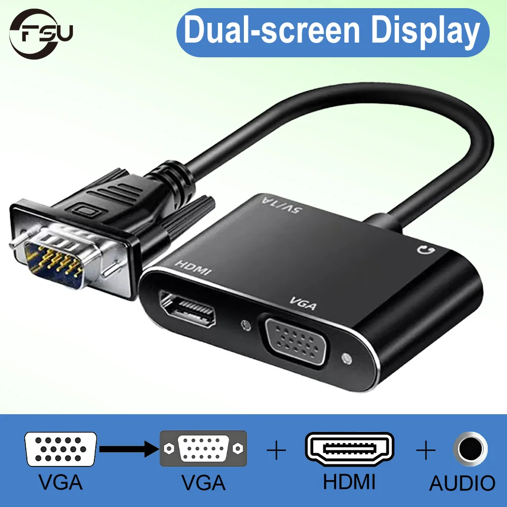 Совместимый с VGA-HDMI адаптер VGA с двумя дисплеями, видео-аудио ...