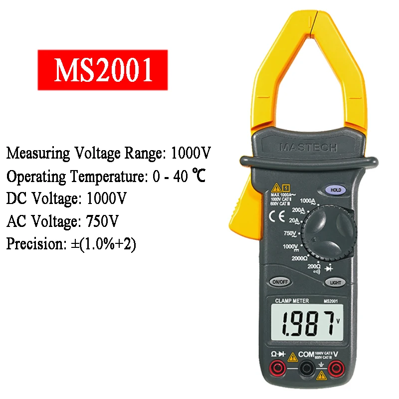MASTECH MS2001 Цифровые клещи переменного тока 1000A Вольтметр переменного/постоянного тока ...