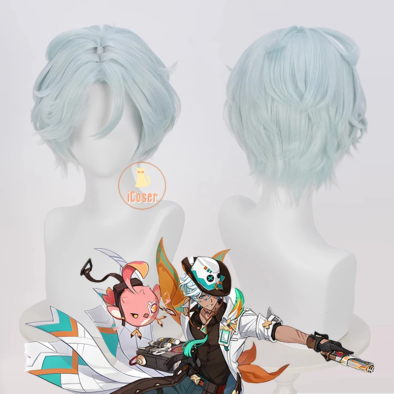Genshin Impact Ifa Cosplay Wig Light Blue Short Hair Tlalocan Flower ...