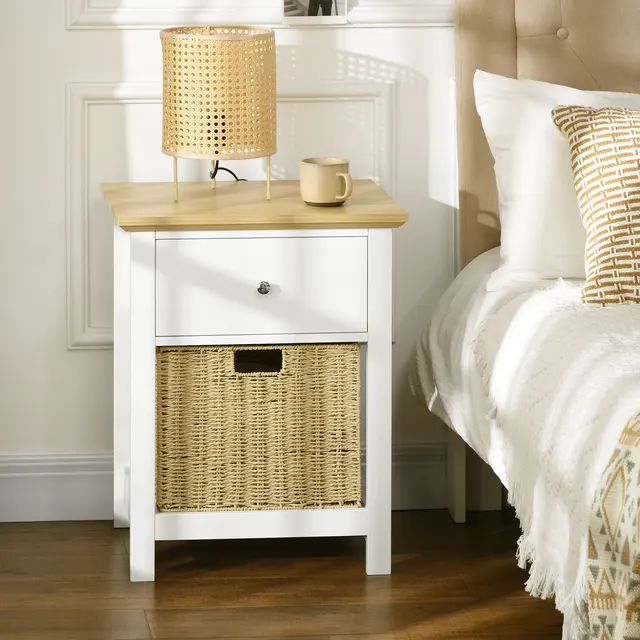 HOMCOM modern bedside table with storage drawer and folding rattan basket for living room bedroom 49x39x64 cm Natural White AliExpress