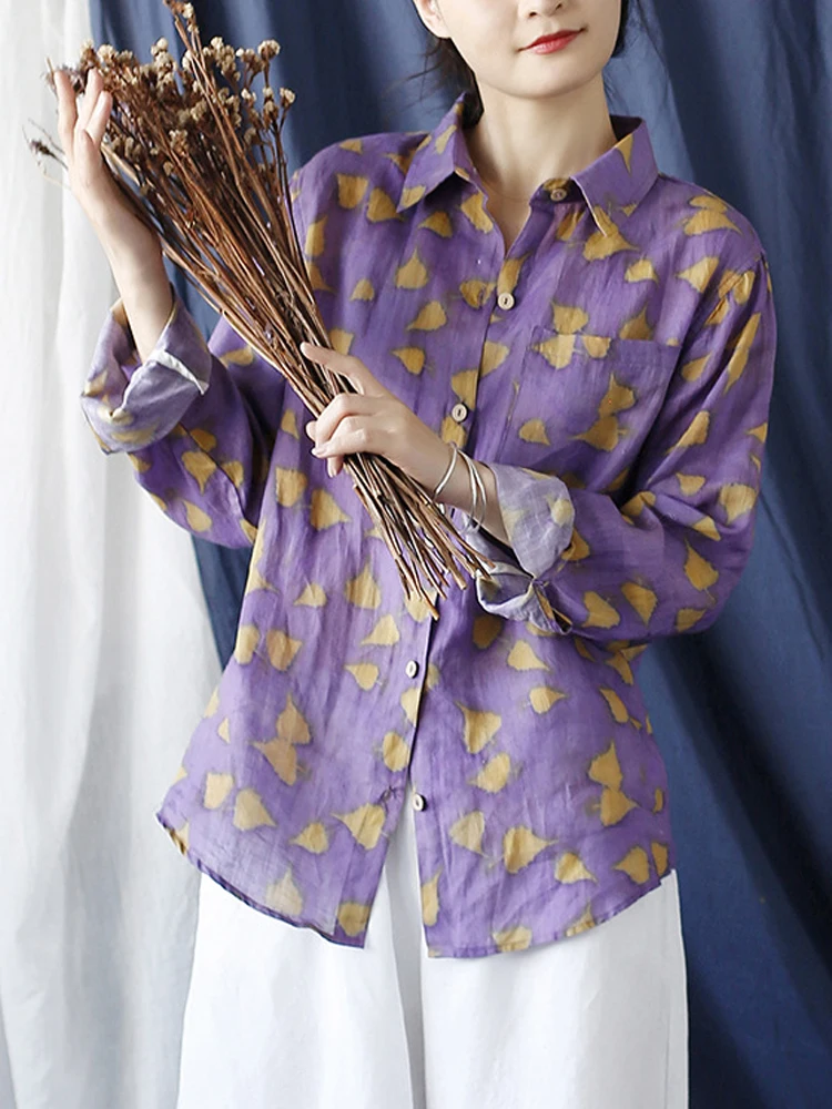 Женская рубашка с отложным воротником Johnature, фиолетовая блузка на ...